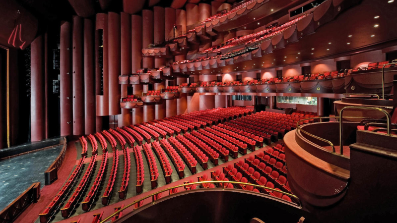 Side view of the Brown Theater, the larger of the two at the Wortham ...